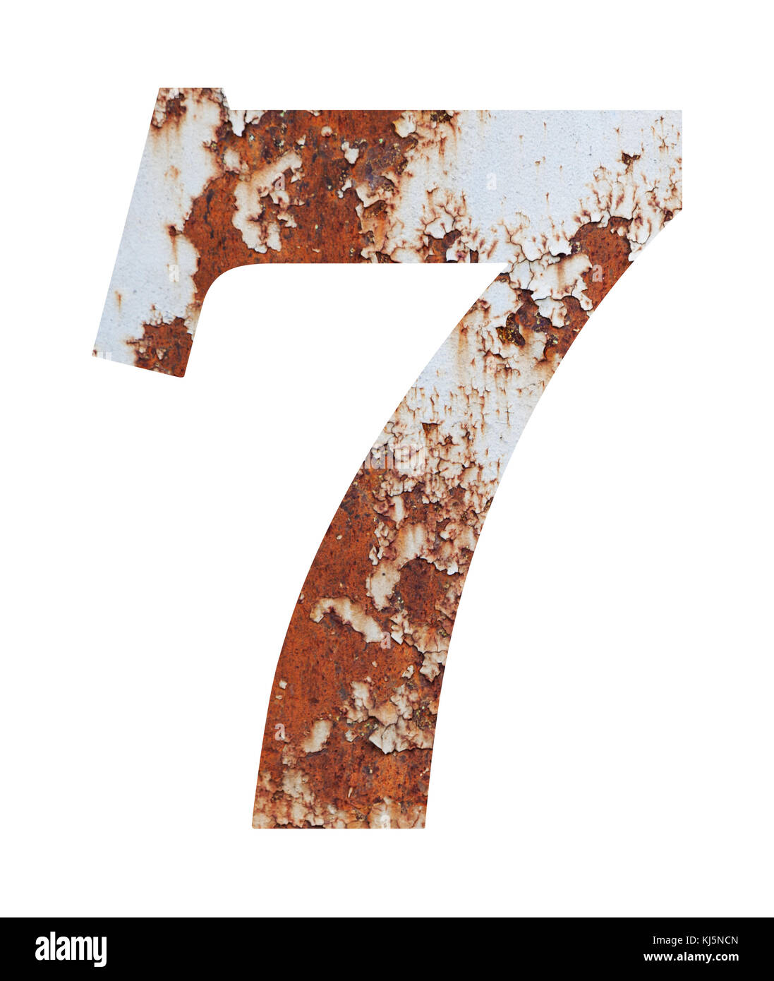 Old rusty metal alphabet, text 7, isolated over the white background ...