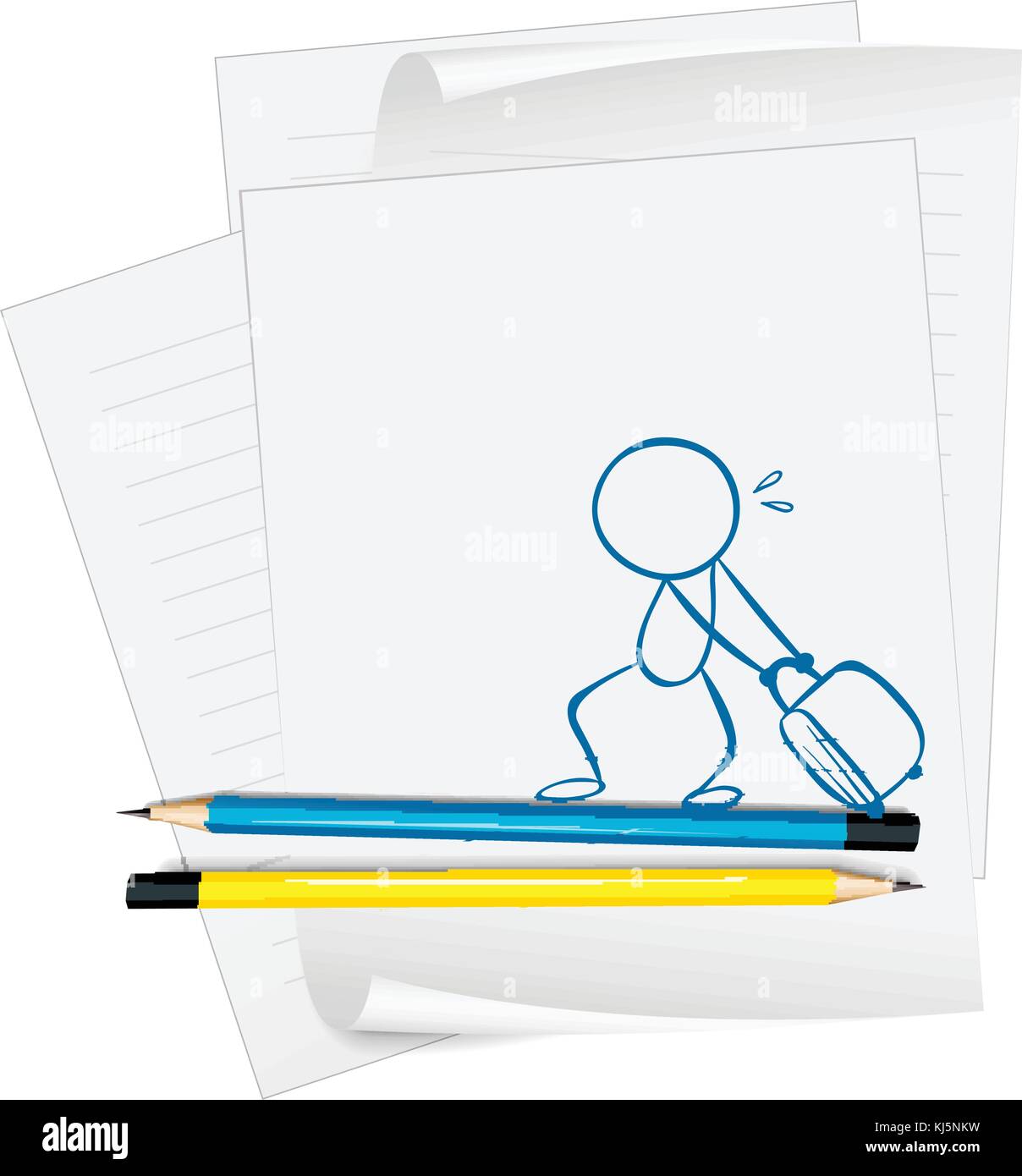 Illustration of a paper with a sketch of a boy pulling a bag on a white ...