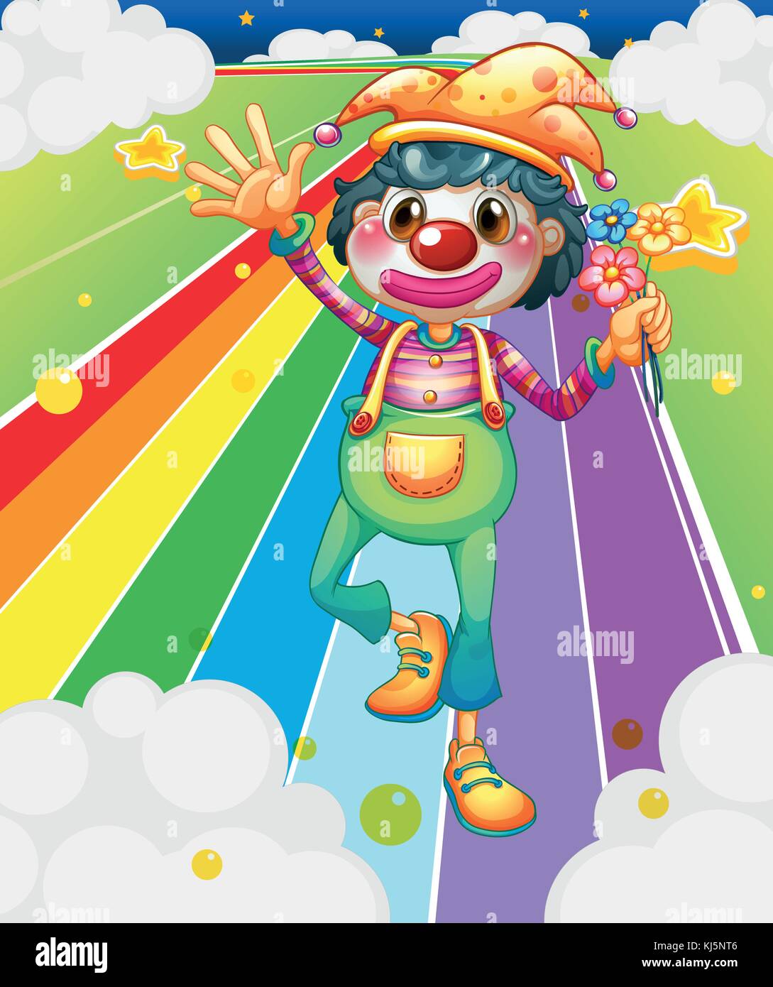Illustration of a female clown with flowers at the colorful road Stock ...