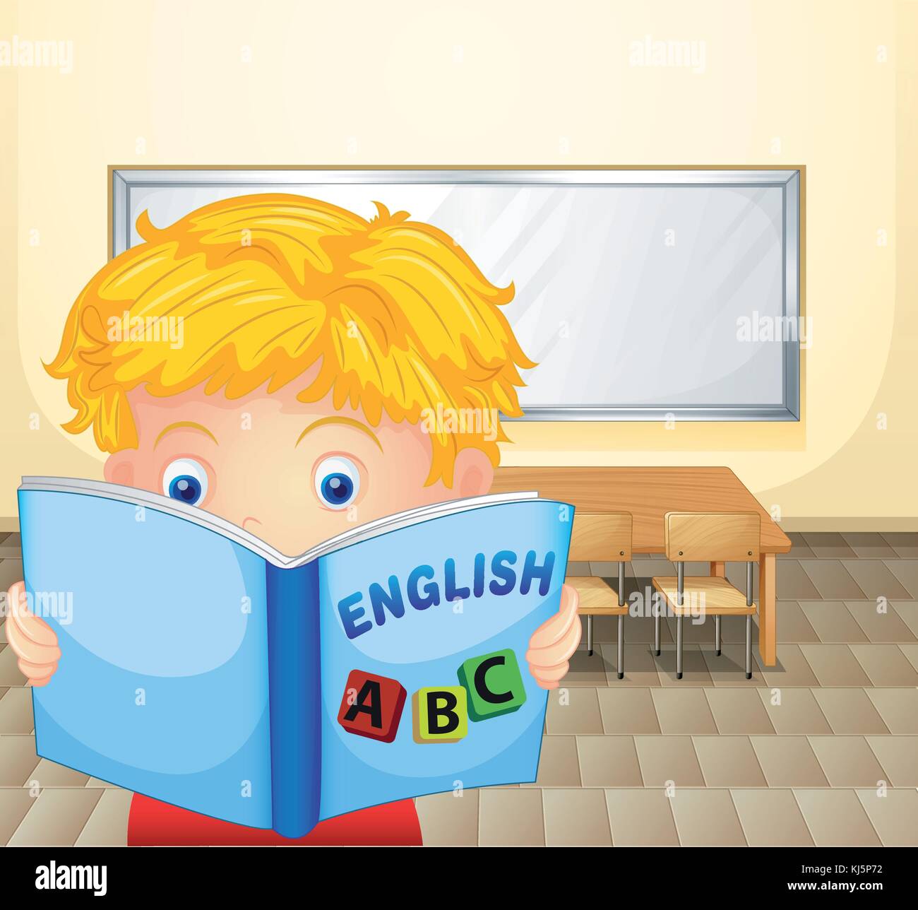 Illustration of a boy reading a book inside the classroom Stock Vector ...
