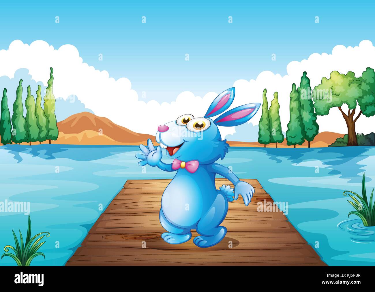 Illustration of a bunny above the wooden bridge at the river Stock ...
