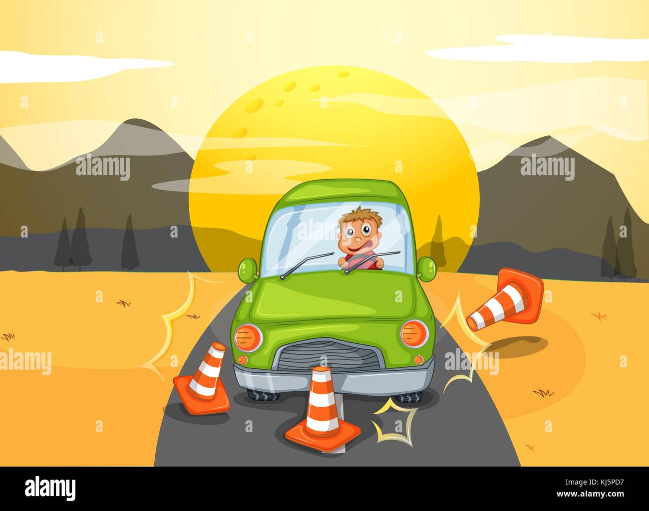 Illustration of a green car bumping the traffic cones Stock Vector ...