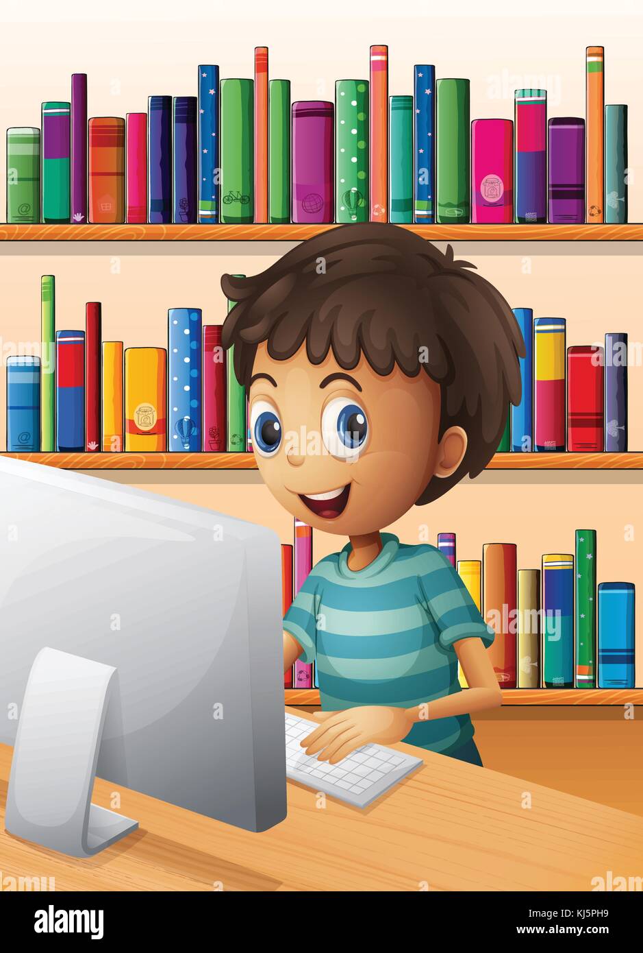 Illustration of a boy using the computer inside the library Stock ...