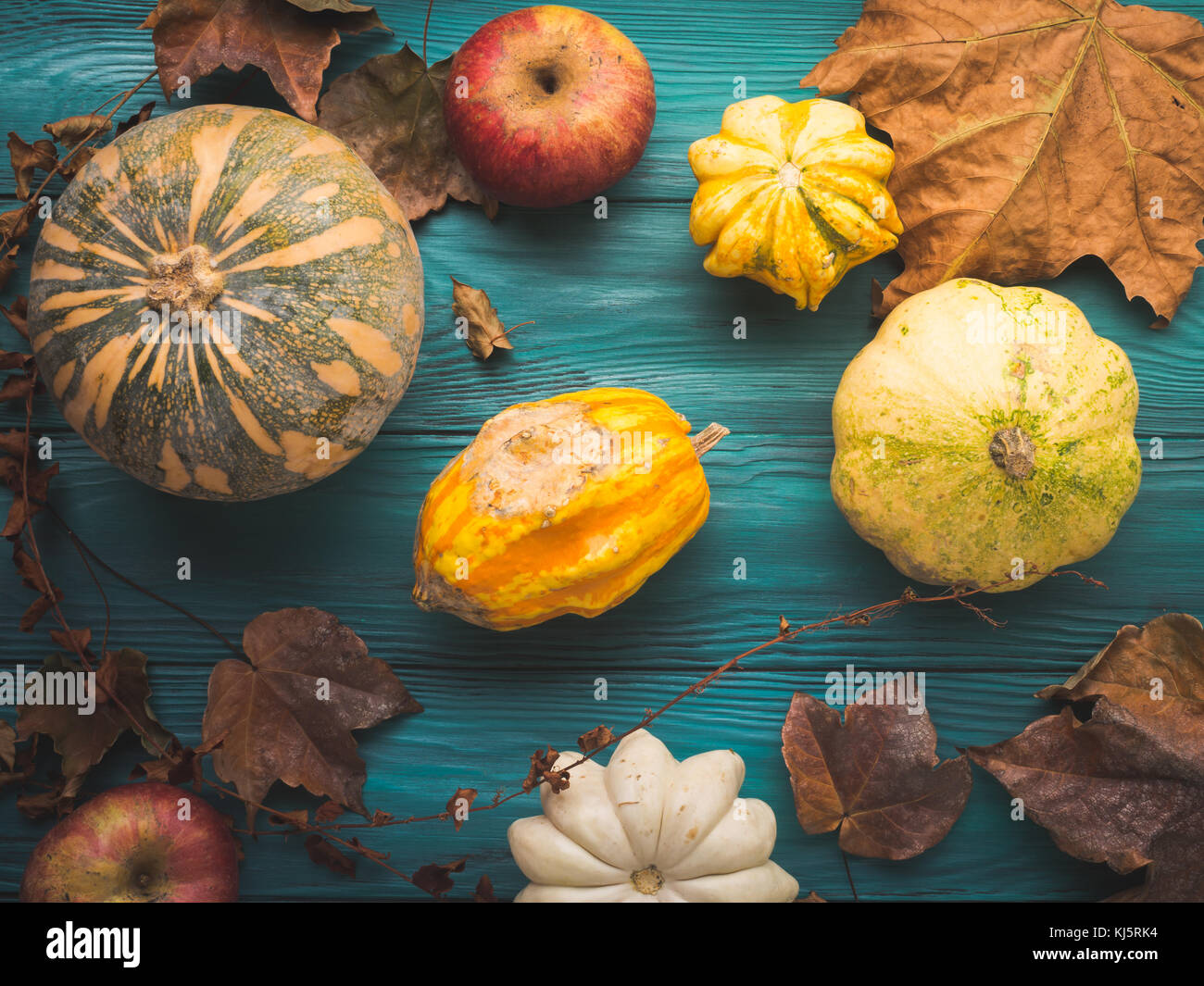 Moody green autumn background with pumpkins , apples, yellow leaves ...