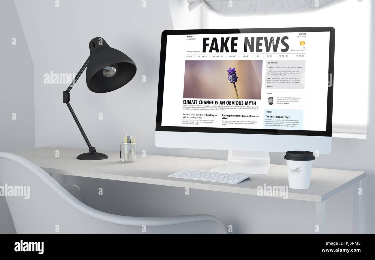 3d rendering of a desktop workplace with computer fake news website ...