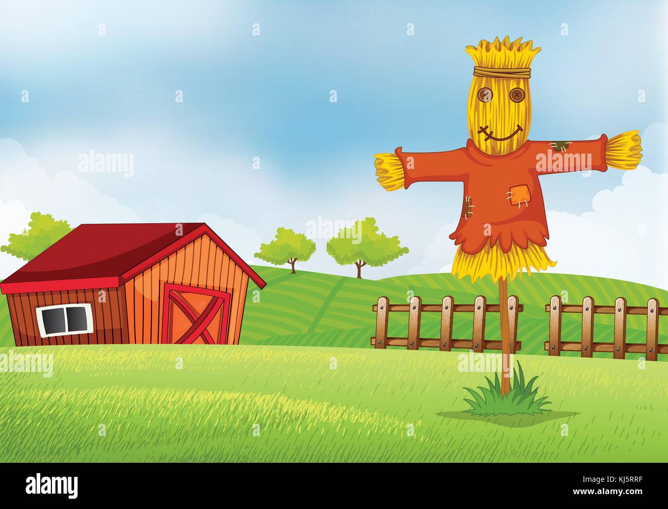 Illustration of a farm with a barn and a scarecrow Stock Vector Image ...