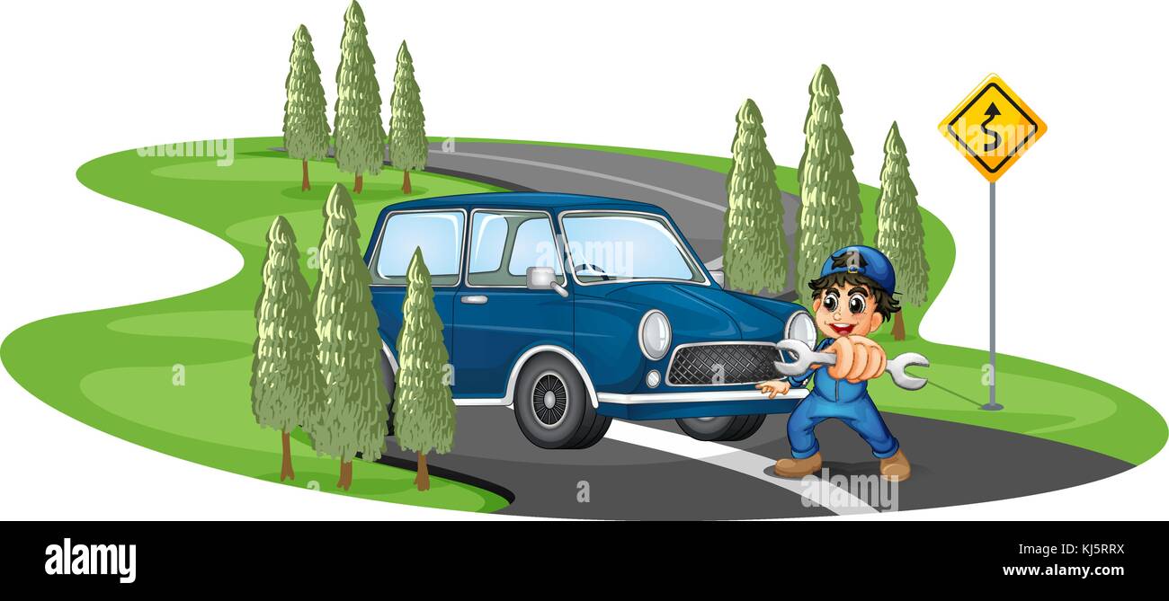 Illustration of a curve road with a boy and a car on a white background ...