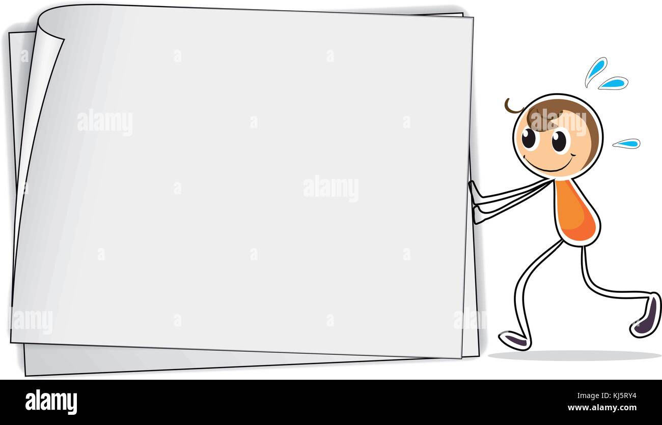 Illustration of a boy pushing a big blank paper on a white background ...