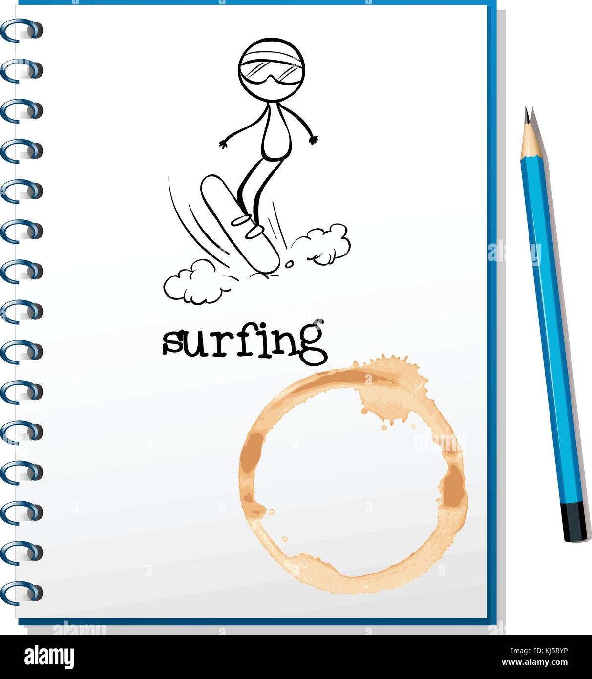 Illustration of a notebook with a sketch of a person surfing on a white ...