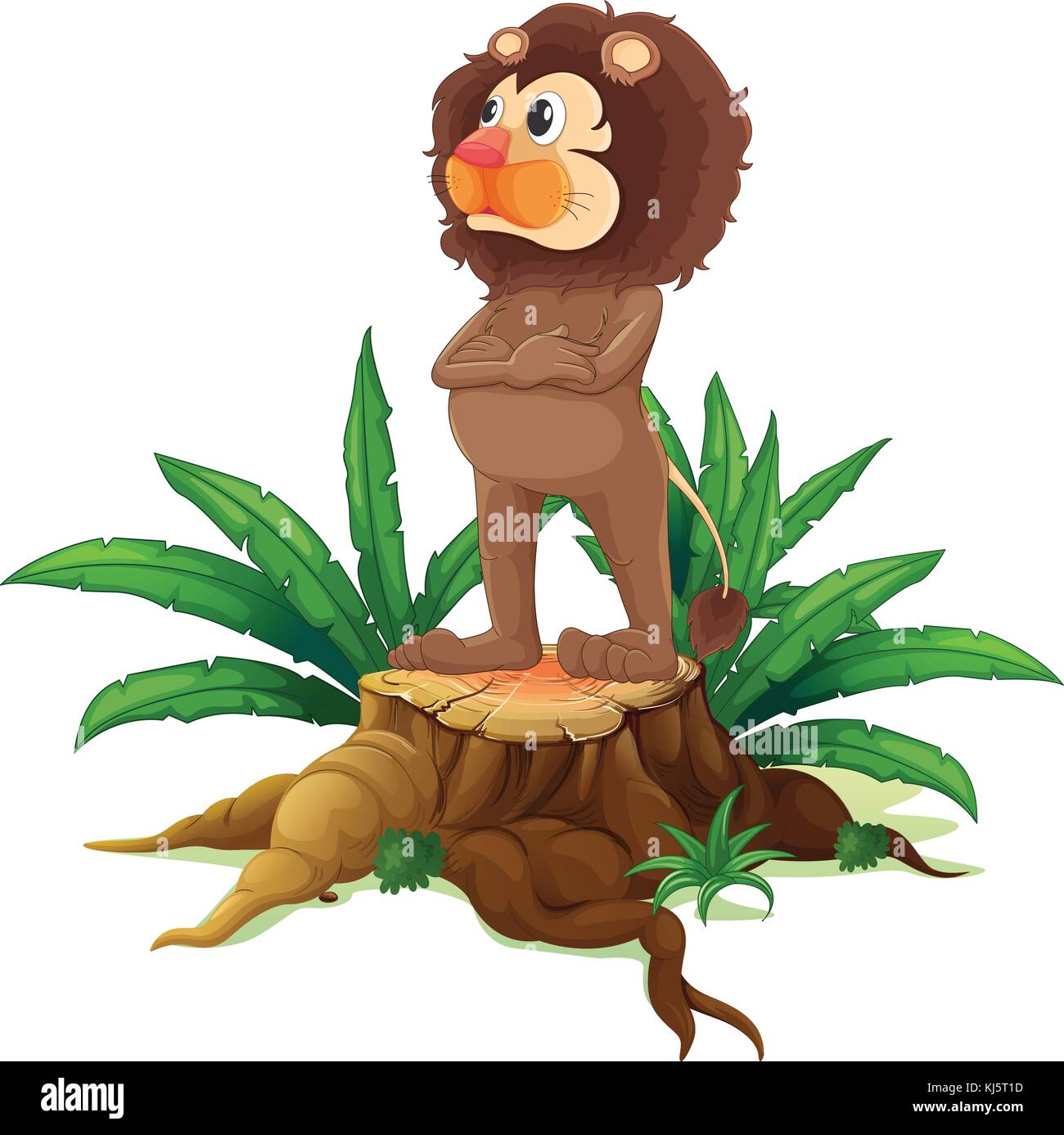 Illustration of an old lion standing above the stump on a white ...