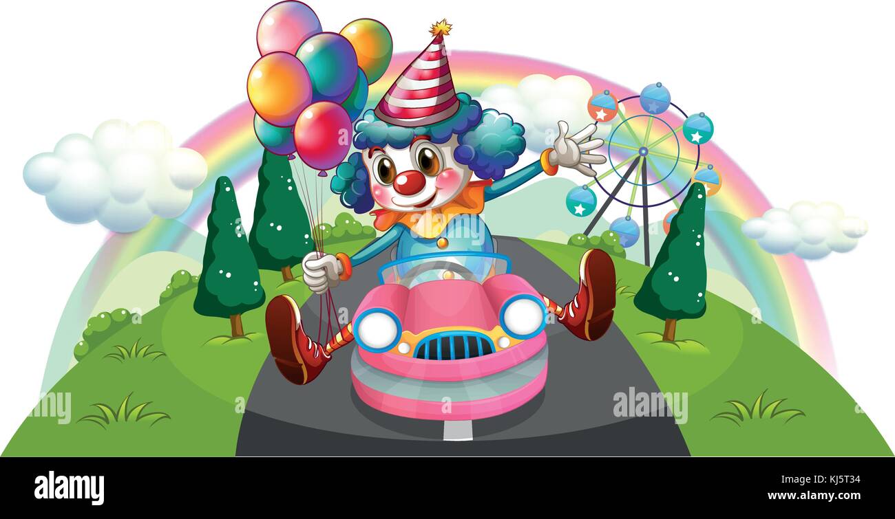 Illustration of a clown riding in a pink car with balloons on a white ...