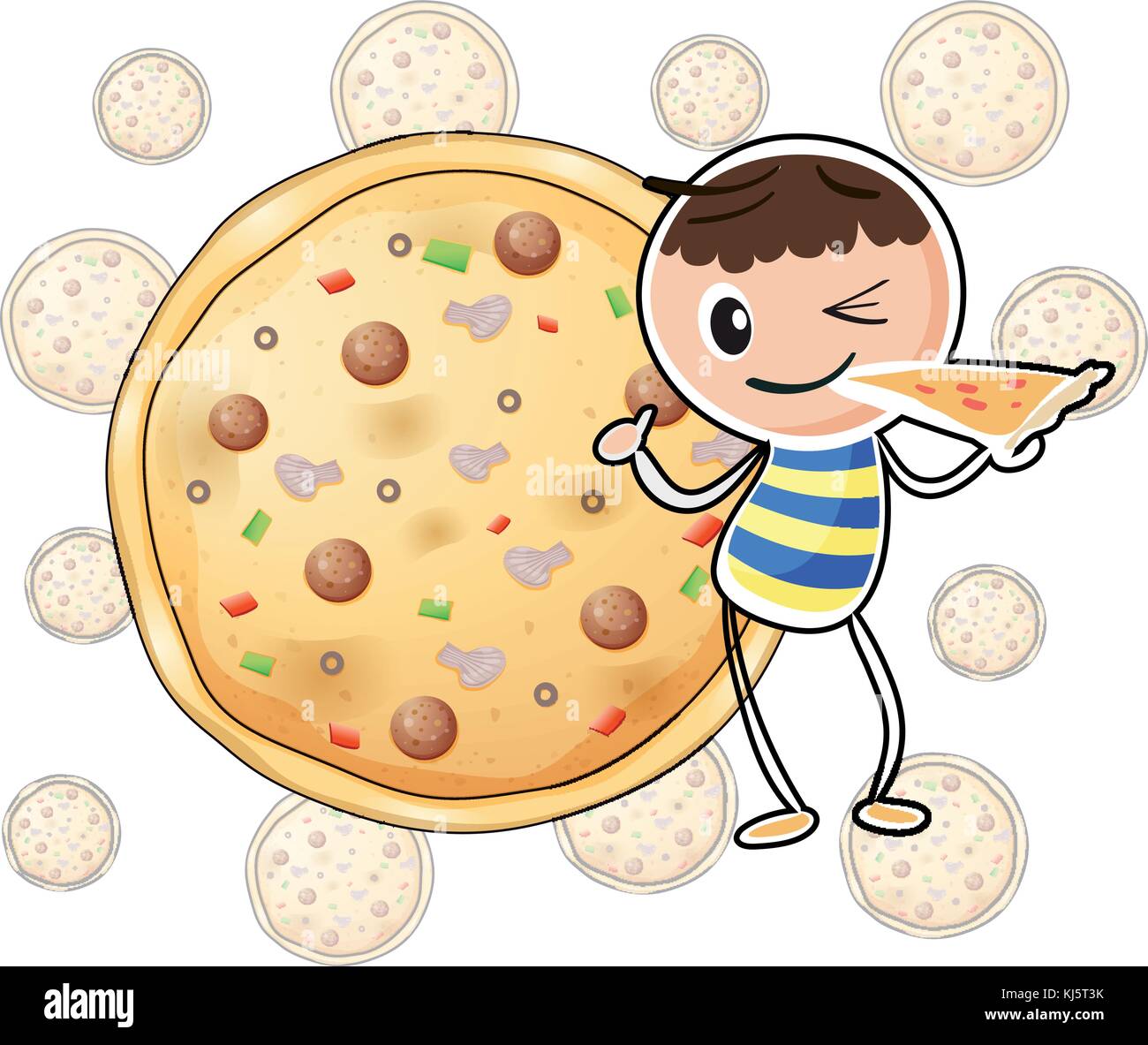 Illustration of a boy with a slice of pizza on a white background Stock ...