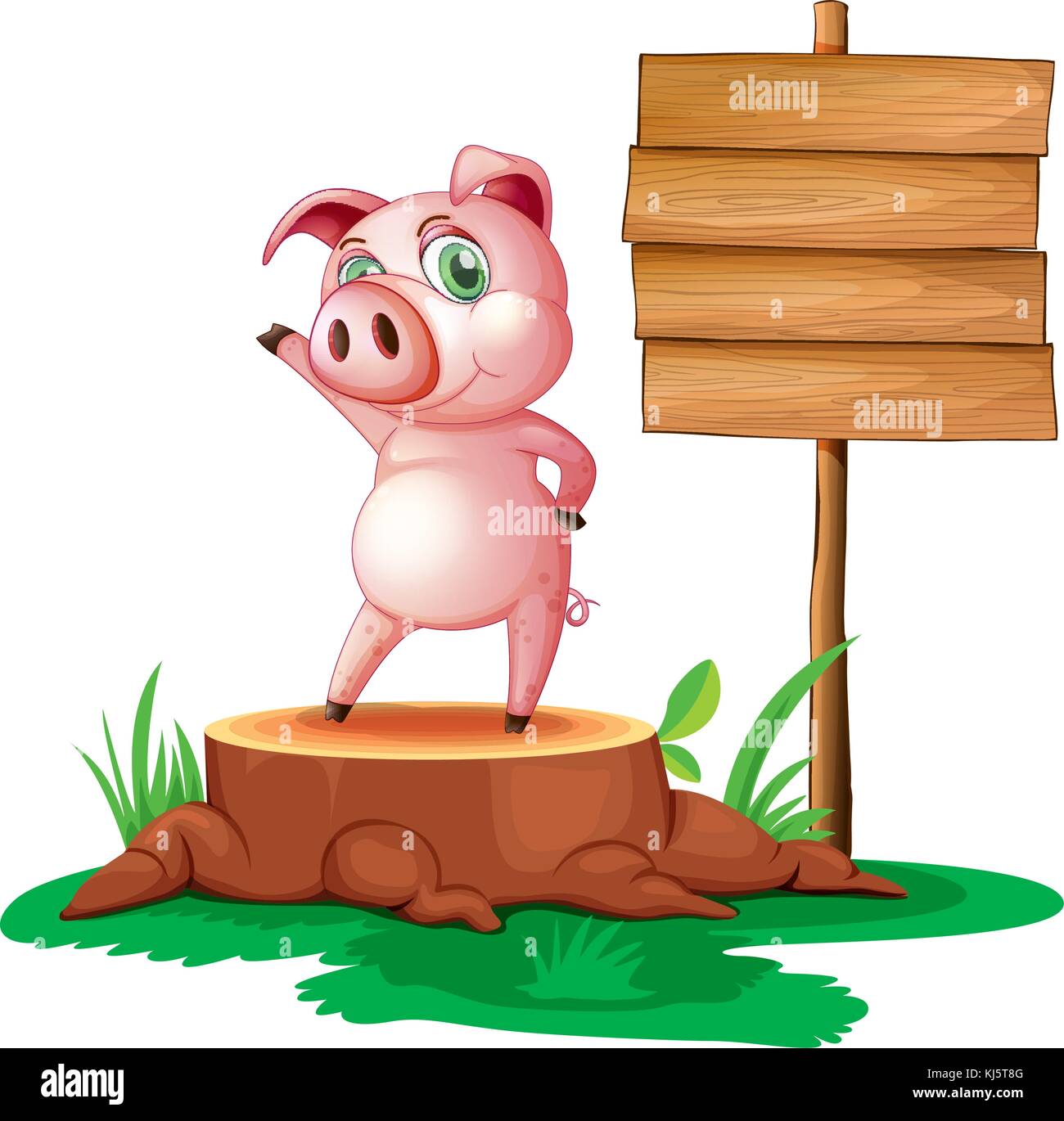 Illustration of a pig standing beside an empty wooden signboard on a ...