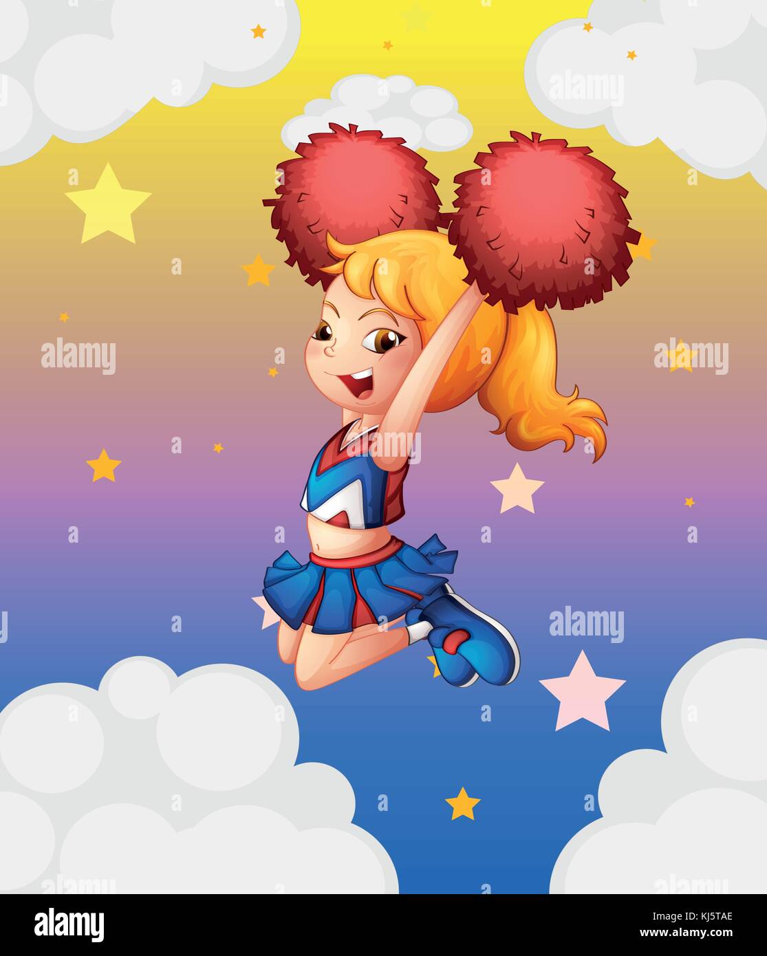 Illustration of a young cheerdancer performing with her red pompoms ...