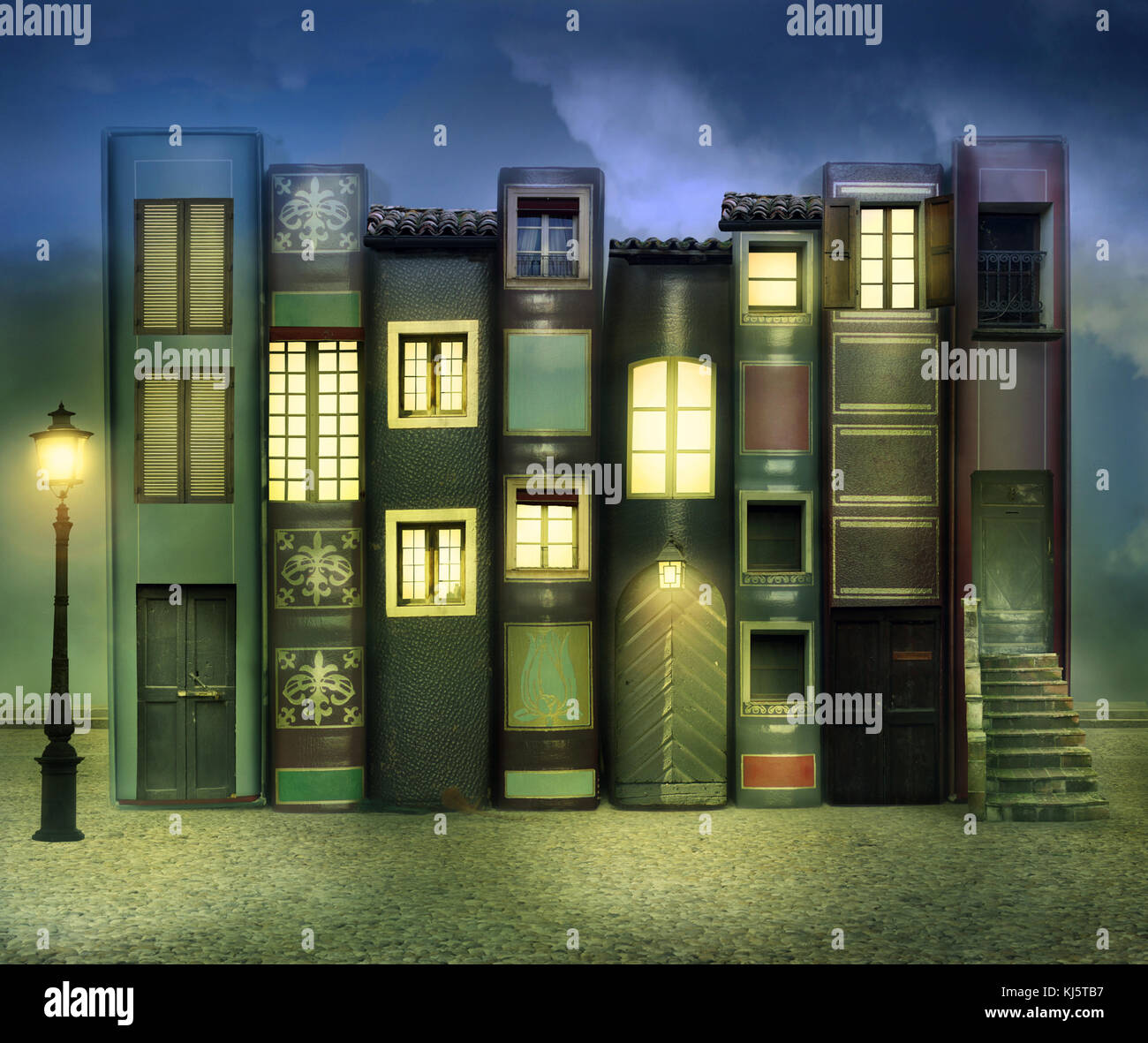 Many books with windows doors lamps in a external background in the ...