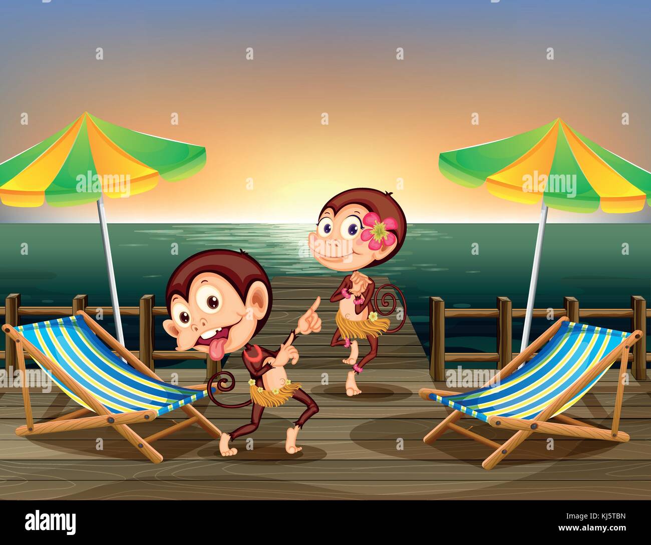 Illustration of the two monkeys dancing at the wooden bridge Stock ...