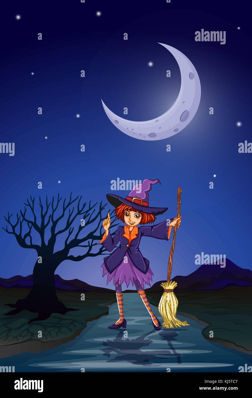 Illustration of a witch at the road in the middle of the night Stock ...
