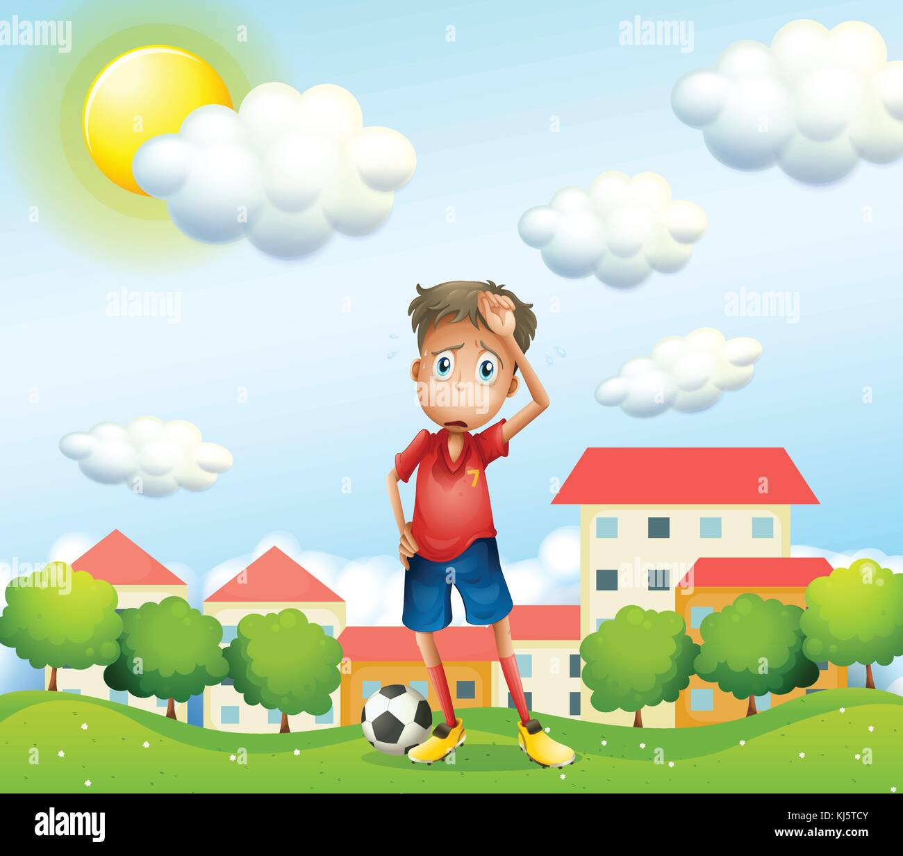 Illustration of a tired boy standing with a soccer ball Stock Vector ...