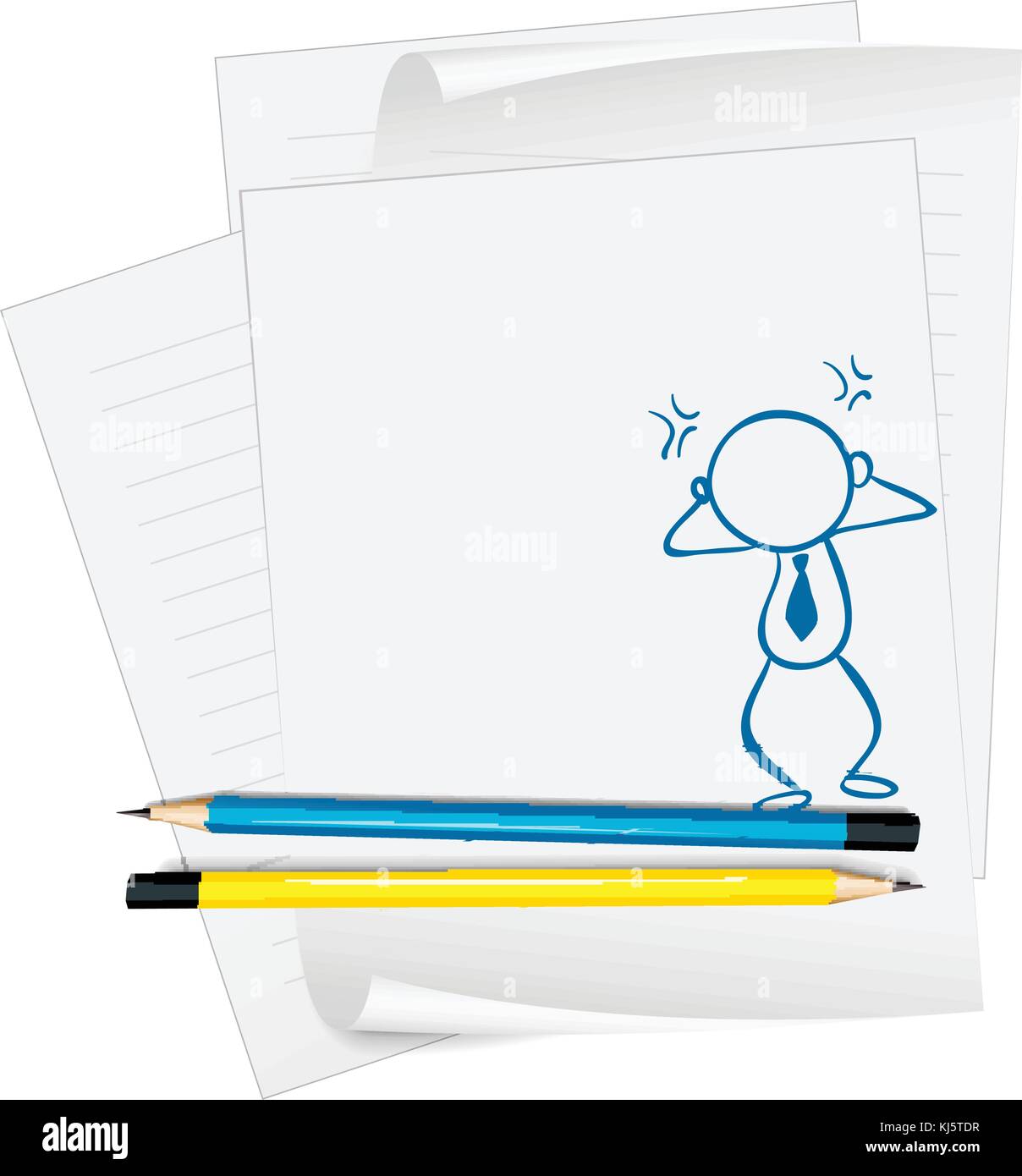 Illustration of a paper with a drawing of an angry boy on a white ...