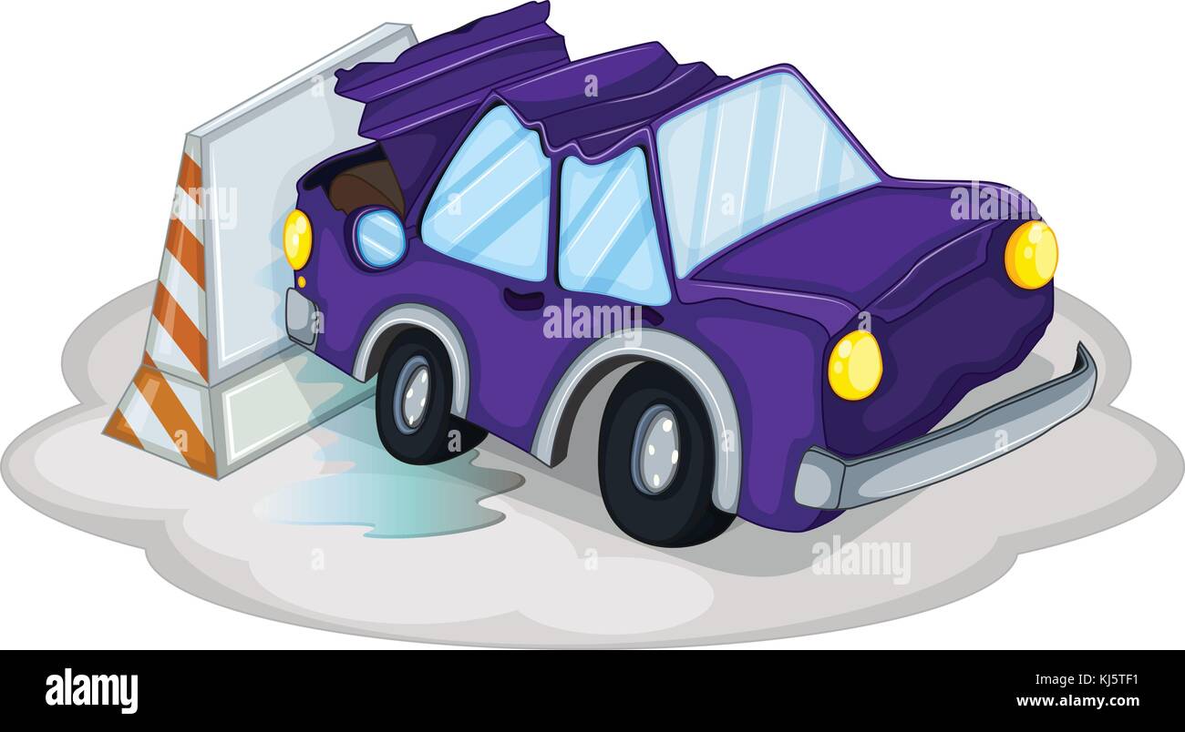 Illustration of a violet car bumping the traffic cone on a white ...