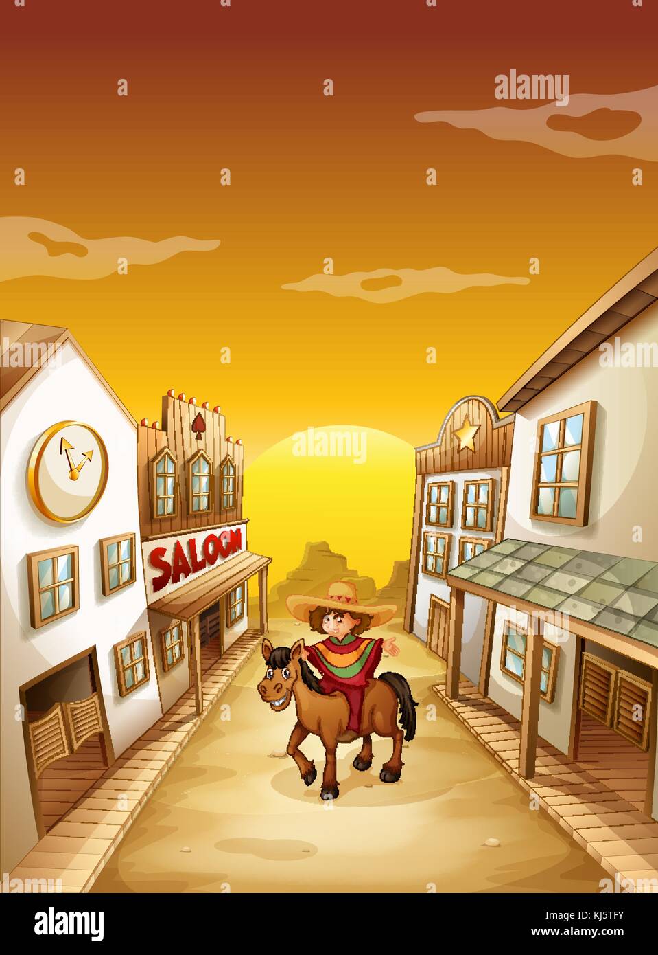 Illustration of a boy riding in a horse outside the saloon Stock Vector ...