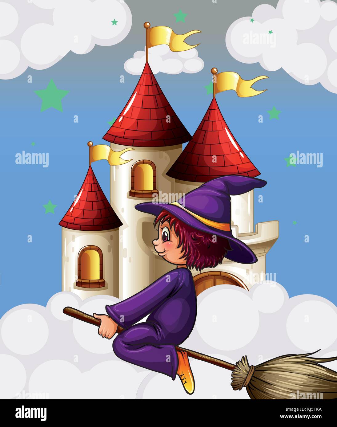 Illustration of a witch riding in a broom near the castle Stock Vector ...