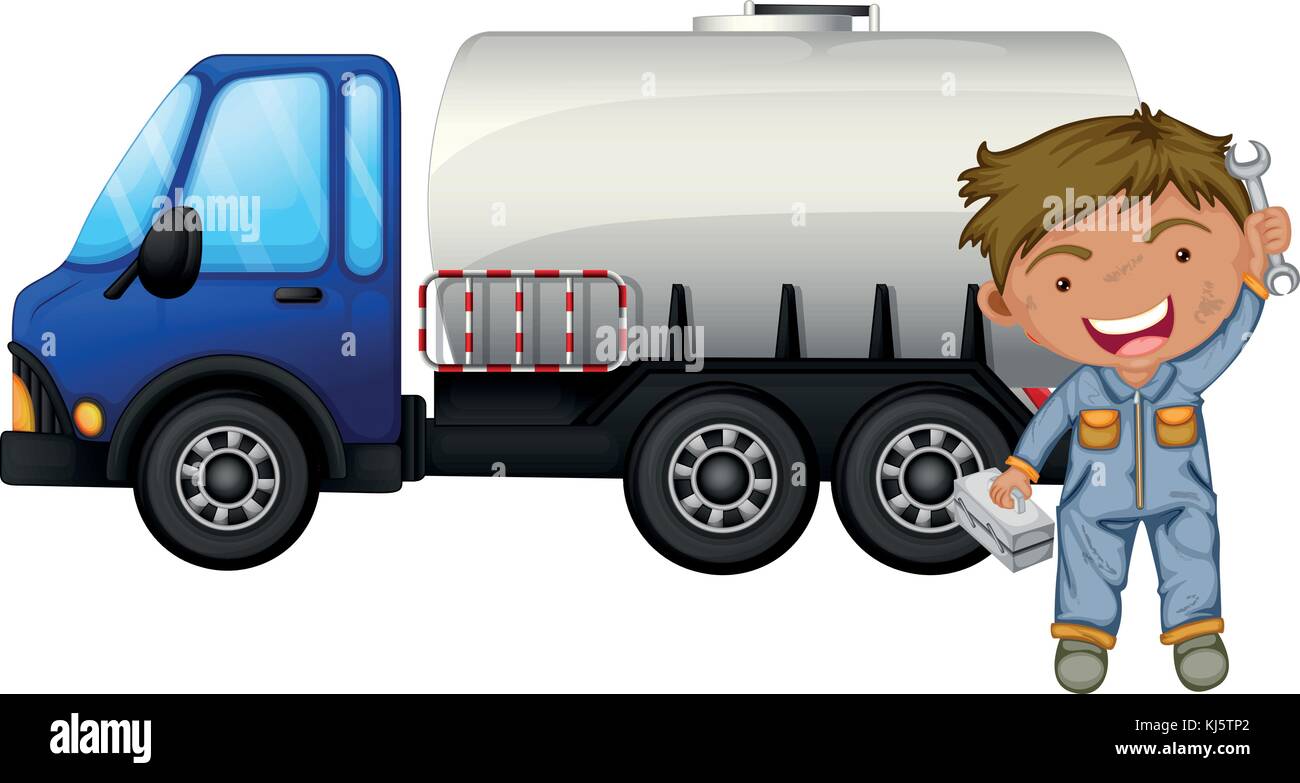 Illustration of a tanker and a young man on a white background Stock ...