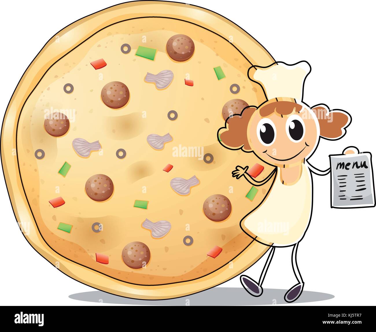 Illustration of a chef in front of a pizza pie on a white background ...