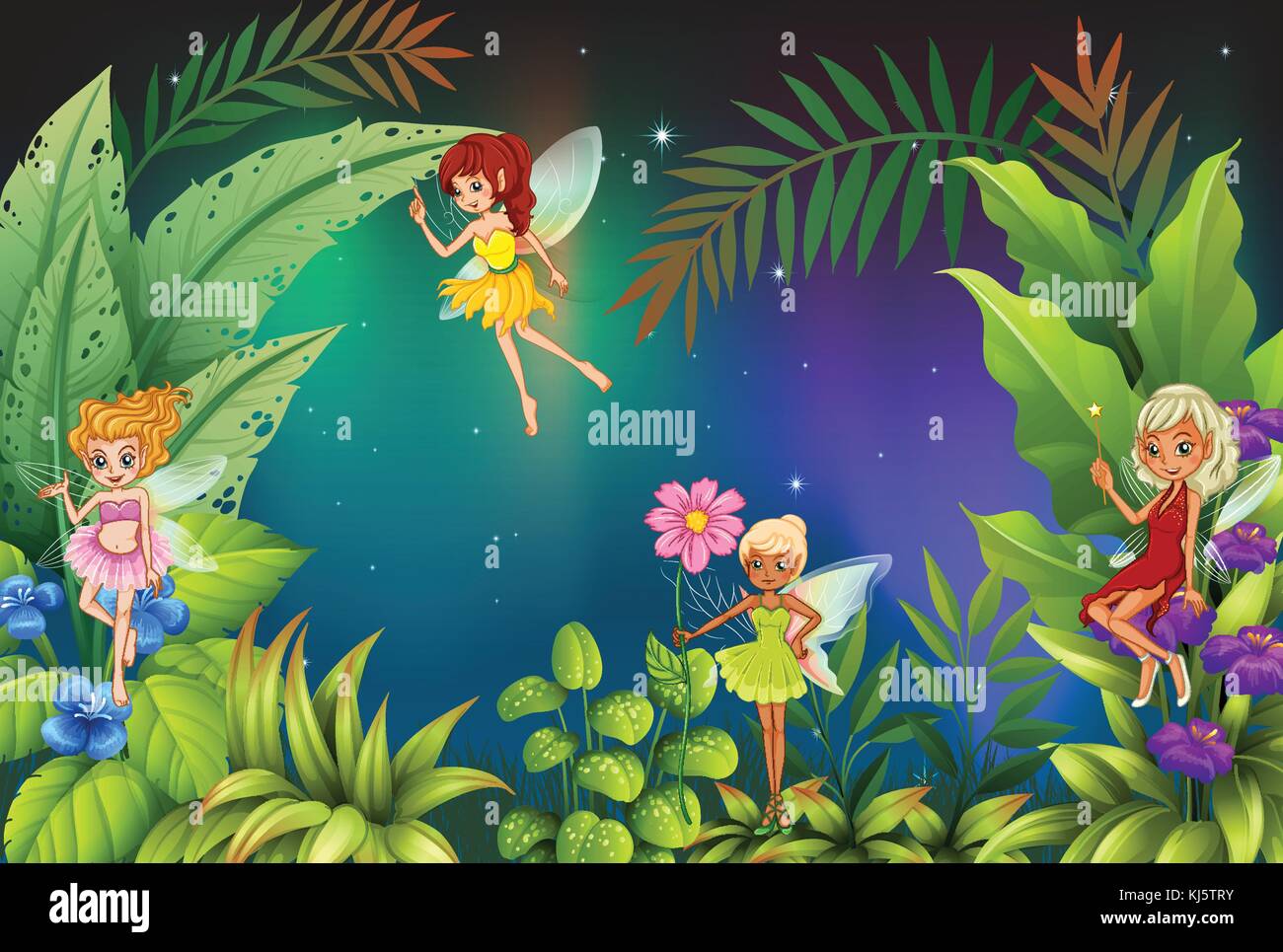 Illustration of a garden with four fairies Stock Vector Image & Art - Alamy