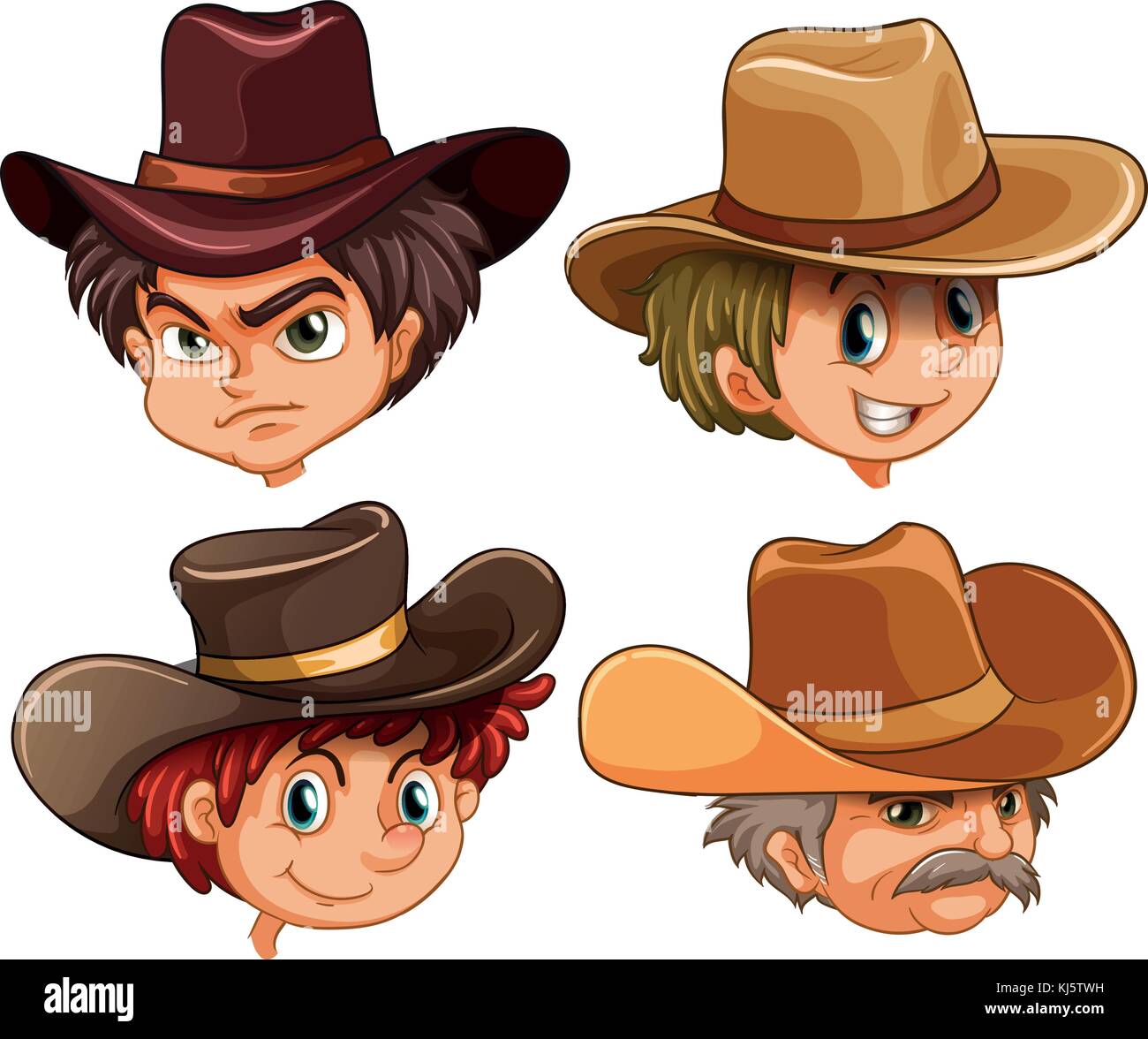 Illustration of the different faces of four cowboys on a white ...