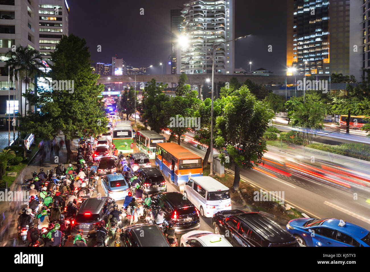 Traffic jam on the chaotic road in the Central Business district of Jakarta along the Sudirman ...