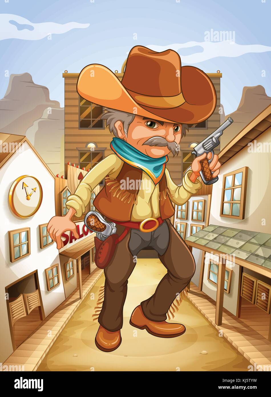 Illustration of a man holding a gun with a hat outside the saloon Stock ...