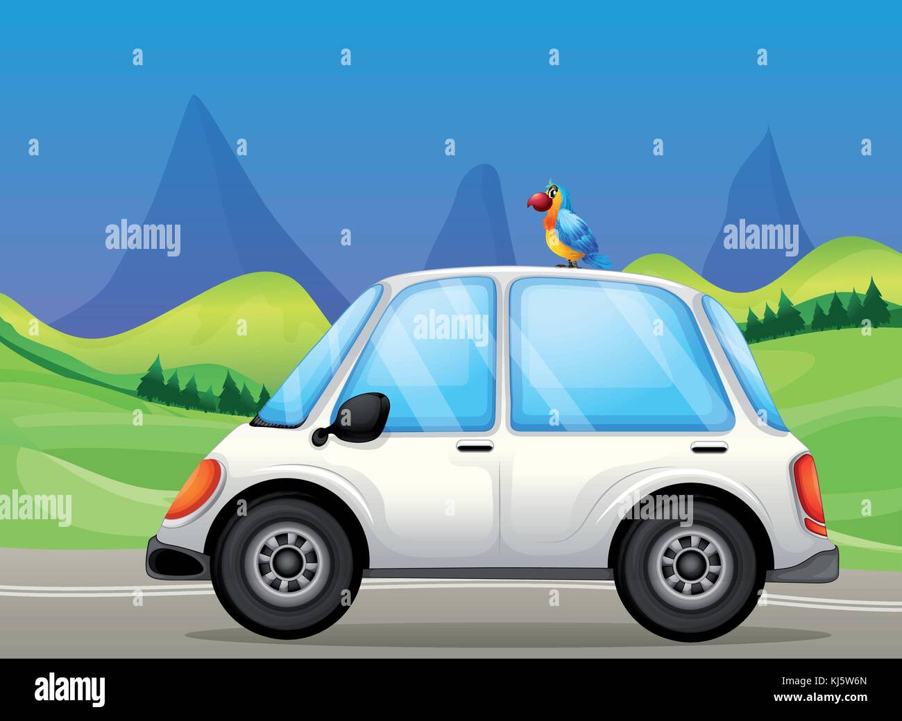 Illustration of a white car with a bird near the hills Stock Vector ...