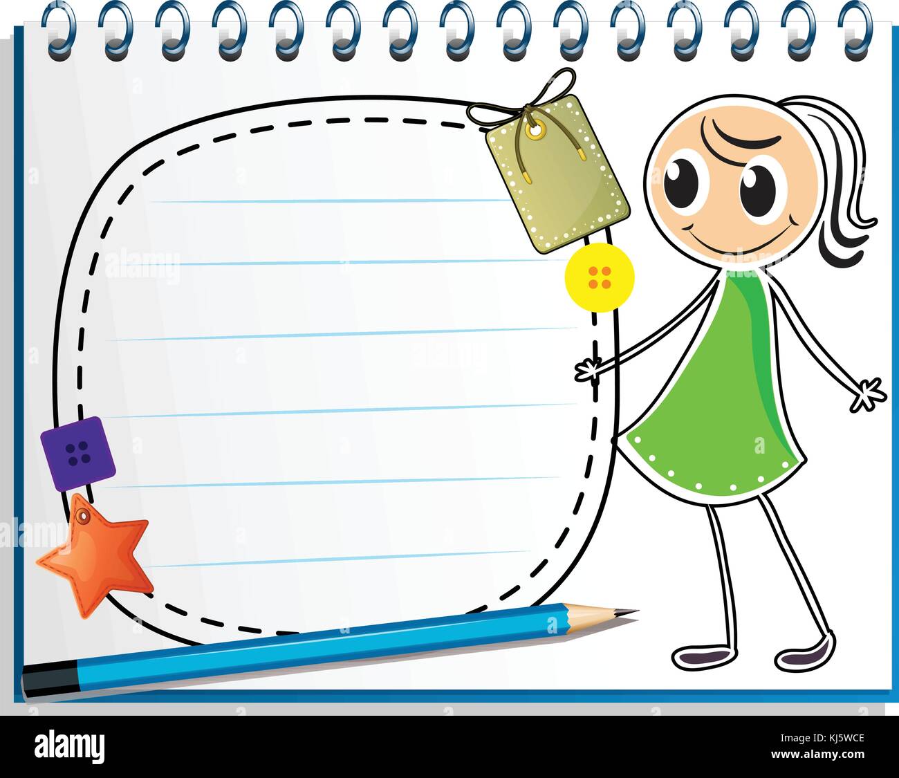 Illustration of a notebook with a sketch of a girl with a green dress ...