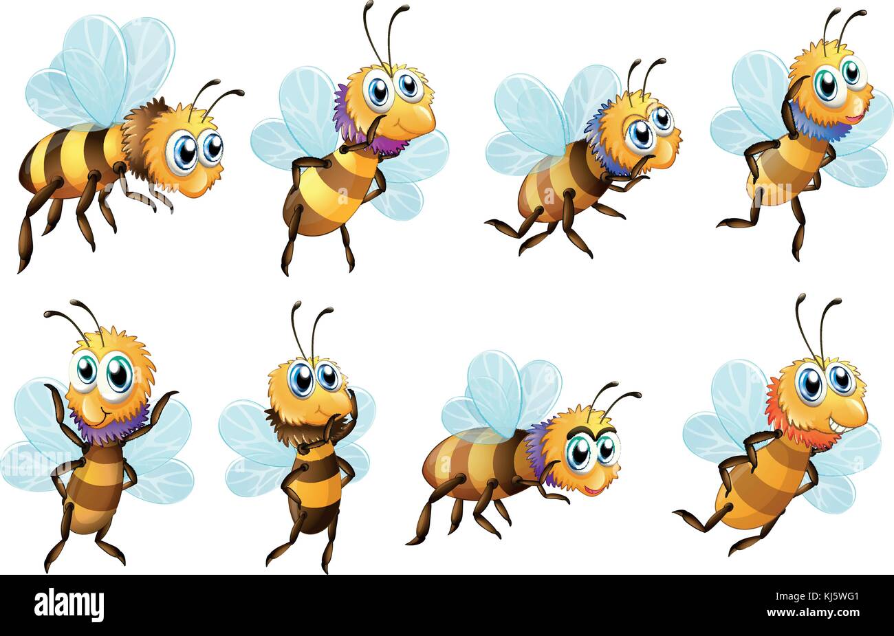 Illustration of the eight bees in different positions on a white ...