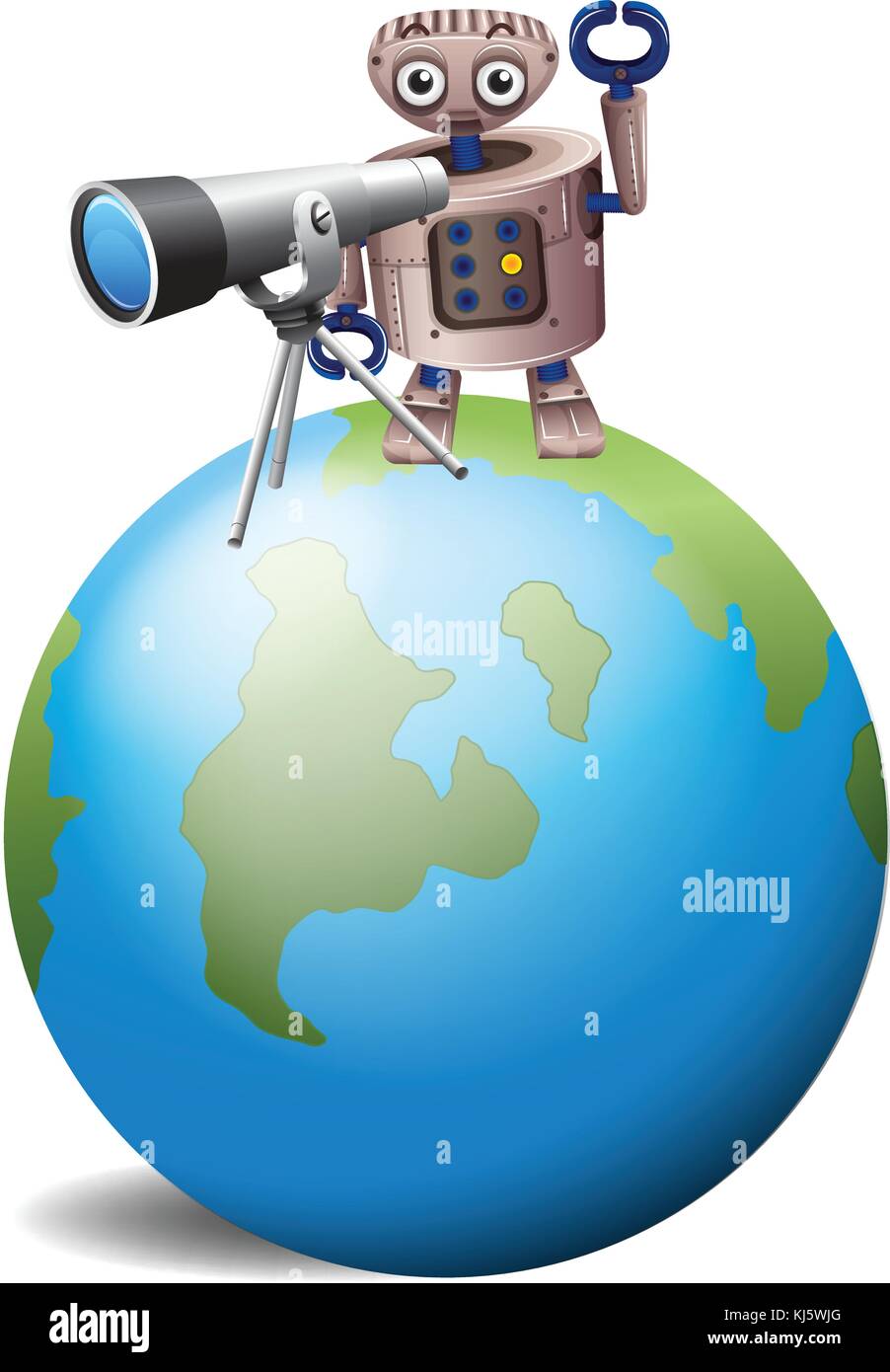 Illustration of a robot with a telescope above a globe on a white ...