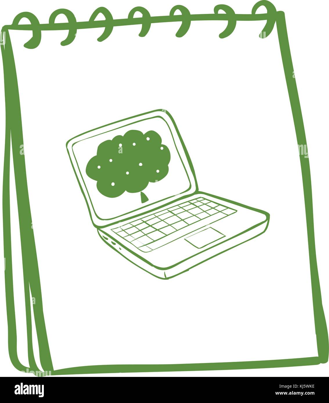 Illustration of a green notebook with a drawing of a laptop on a white ...