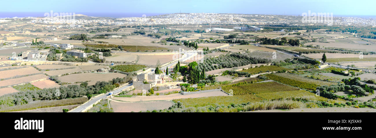Panoramic view of surrounding fields from the town of Mdina, Malta ...