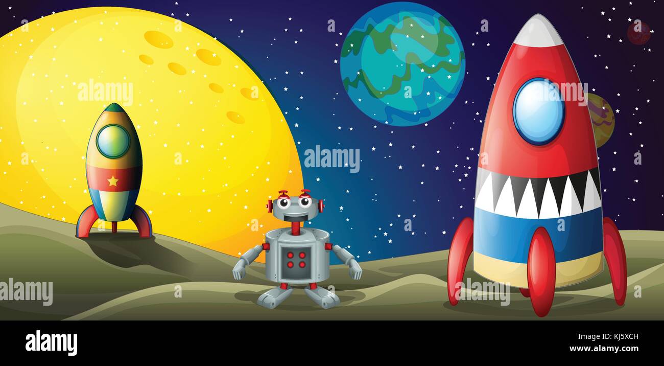 Illustration of a robot between two spaceships at the outerspace Stock ...