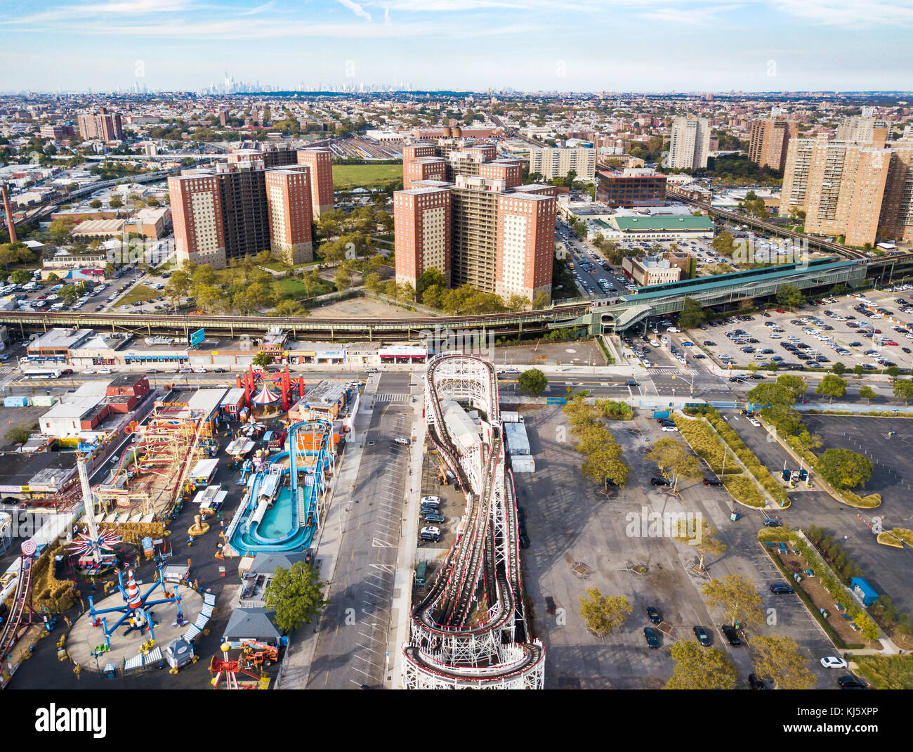 NEW YORK, USA - SEPTEMBER 26, 2017: Coney island amusement park aerial ...