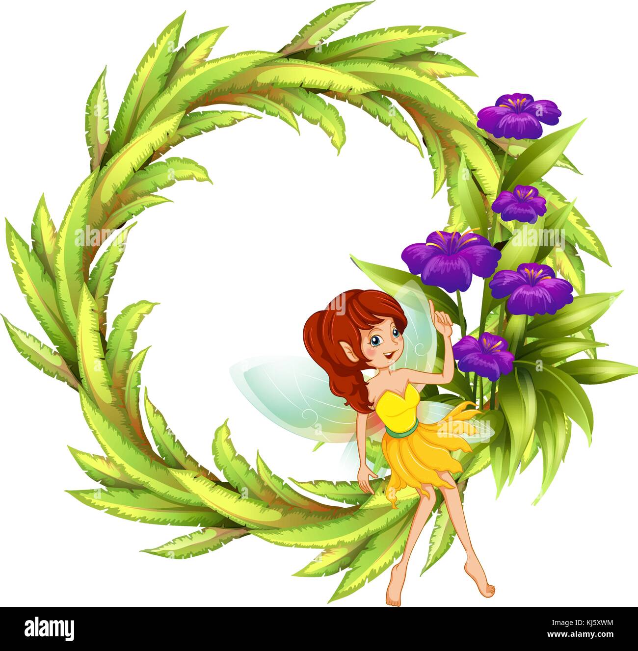 Illustration of a round border with a fairy and violet flowers on a ...