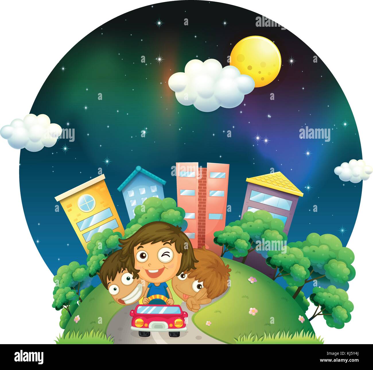 Illustration of the kids riding in a car in the middle of the night on ...