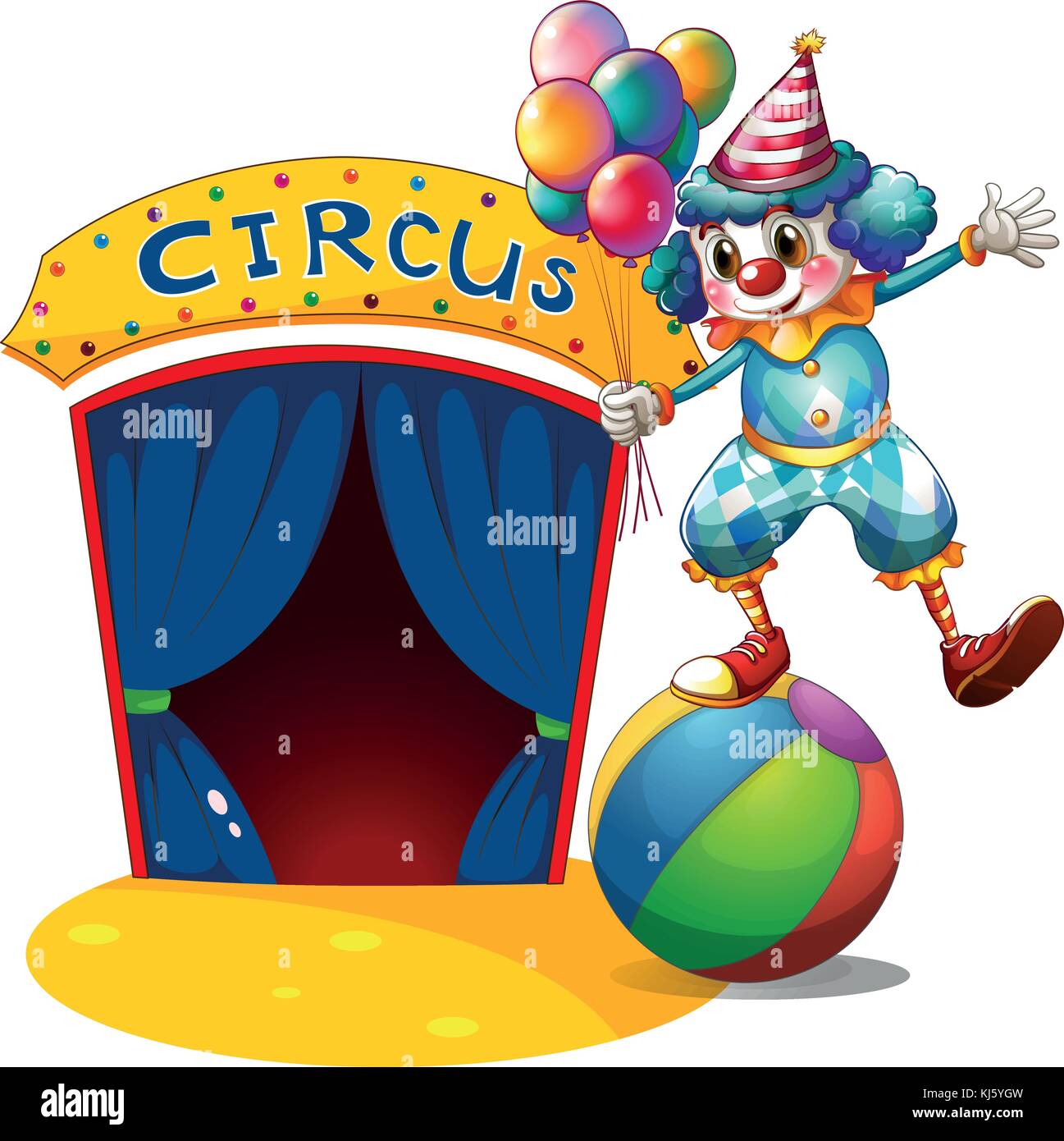 Illustration of a clown with balloons balancing above a ball on a white ...