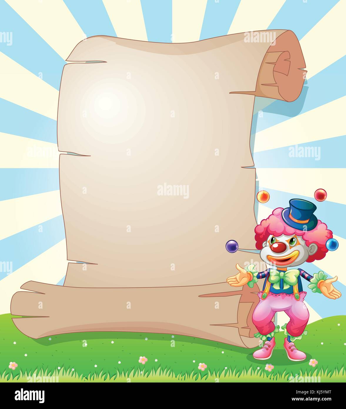 Illustration of a clown juggling beside a long paper scroll Stock ...