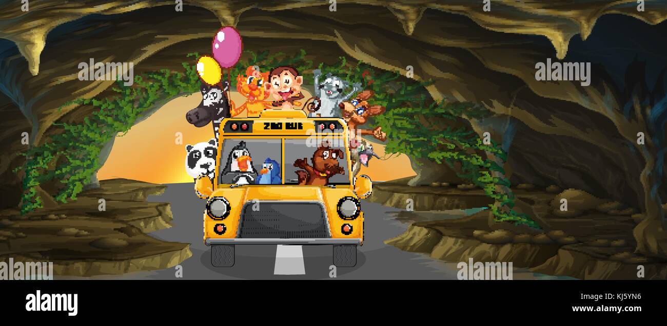 Illustration of a bus full of animals inside the cave Stock Vector ...