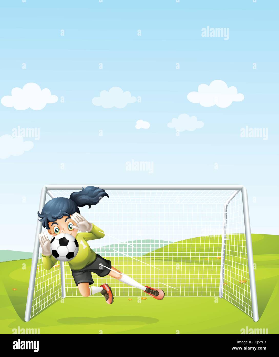 Illustration of a girl catching the soccer ball under the net Stock ...