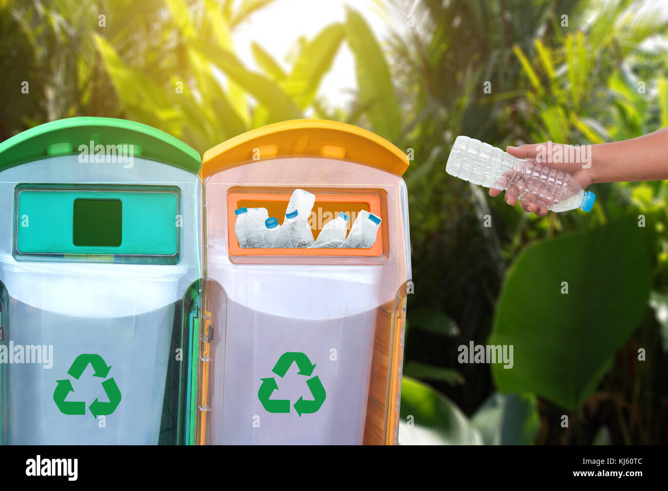 man hand putting plastic reuse for recycling concept environmental ...