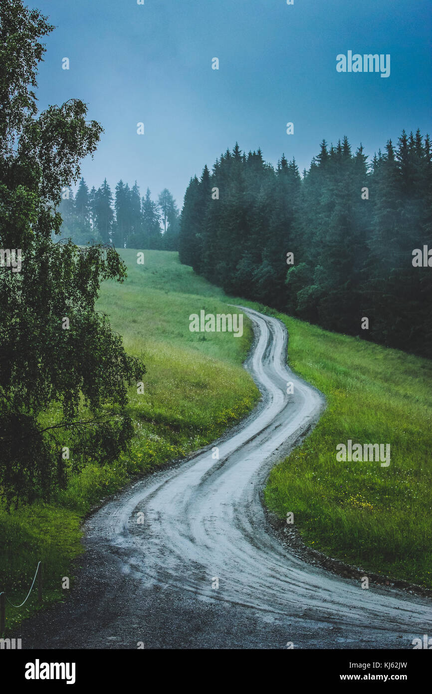 Muddy alpine road on the mountainside of Zell am See Lake, Austria ...