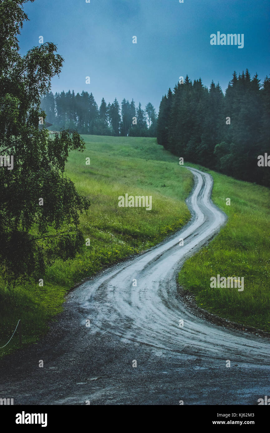 Muddy alpine road on the mountainside of Zell am See Lake, Austria, Europe on a rainy day Stock ...