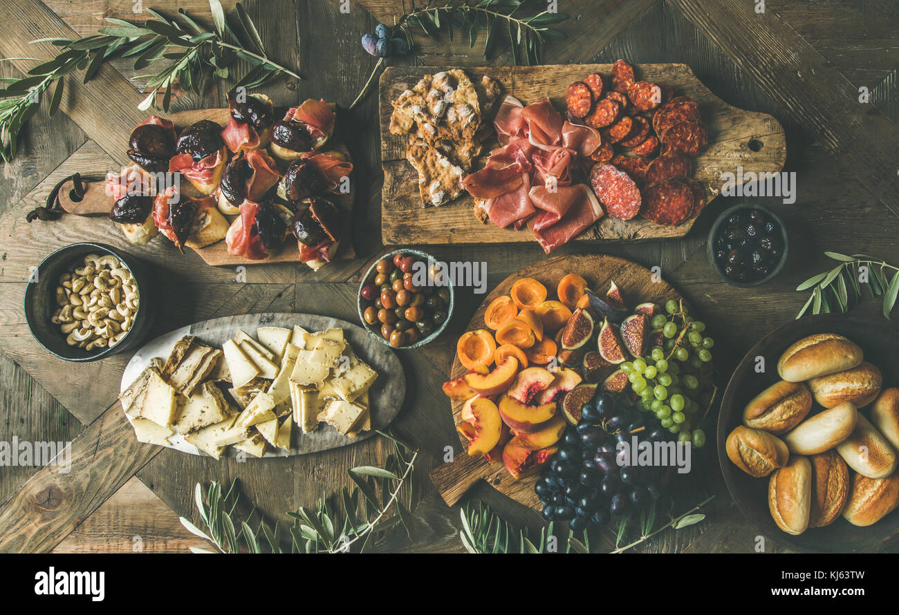 Flat-lay of holiday, party, family dinner table set with snacks Stock ...